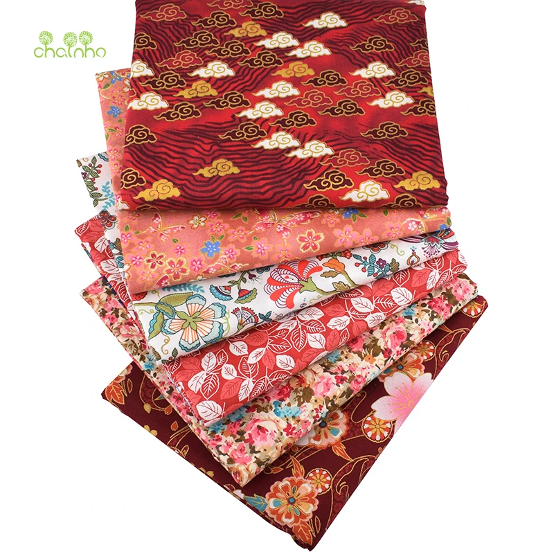 Chainho-6pcs-Lot-Dark-Red-Floral-Printed-Twill-Cotton-Fabric-Patchwork ...