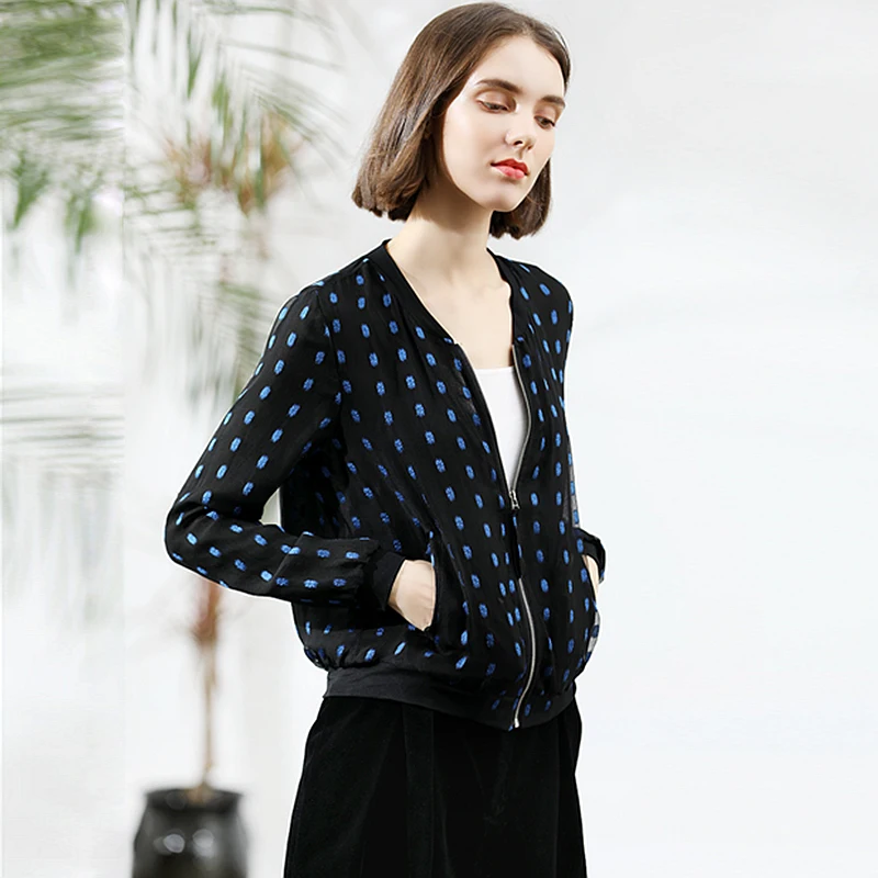 100% silk jacket Women Simple Design Long Sleeves Dot Printed Casual ...