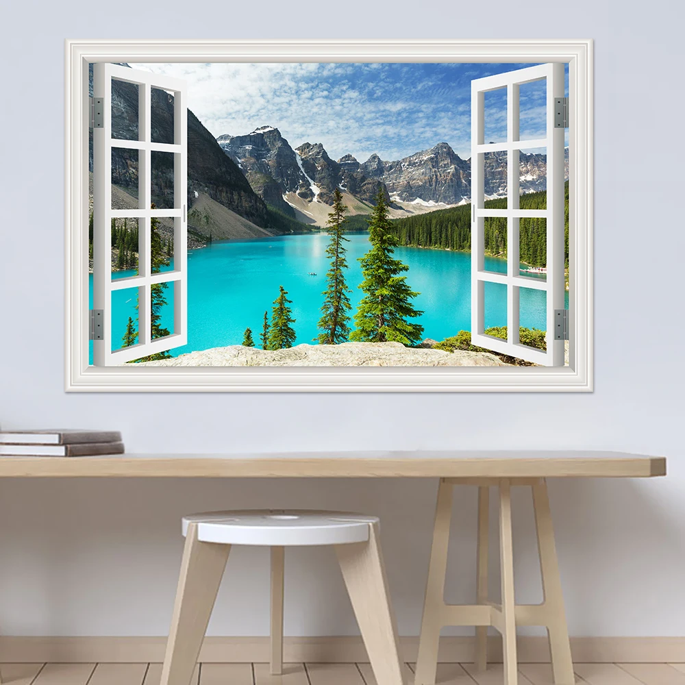 3D Forest Wall Sticker Nature Mountain Lake Window View Landscape ...