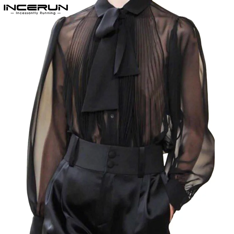 INCERUN Men Sexy Shirt Mesh See Through Lapel Long Sleeve Camisas WIth ...