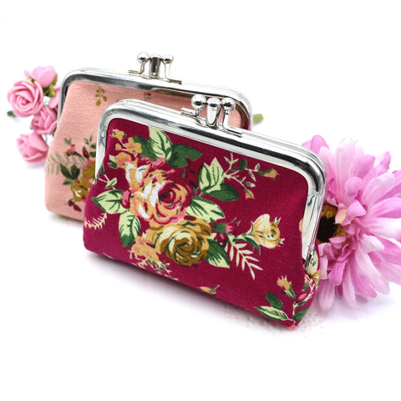 Women Coin Purse Cute Flower Print Ladies Mini Bag Coin Bag Two Metal ...