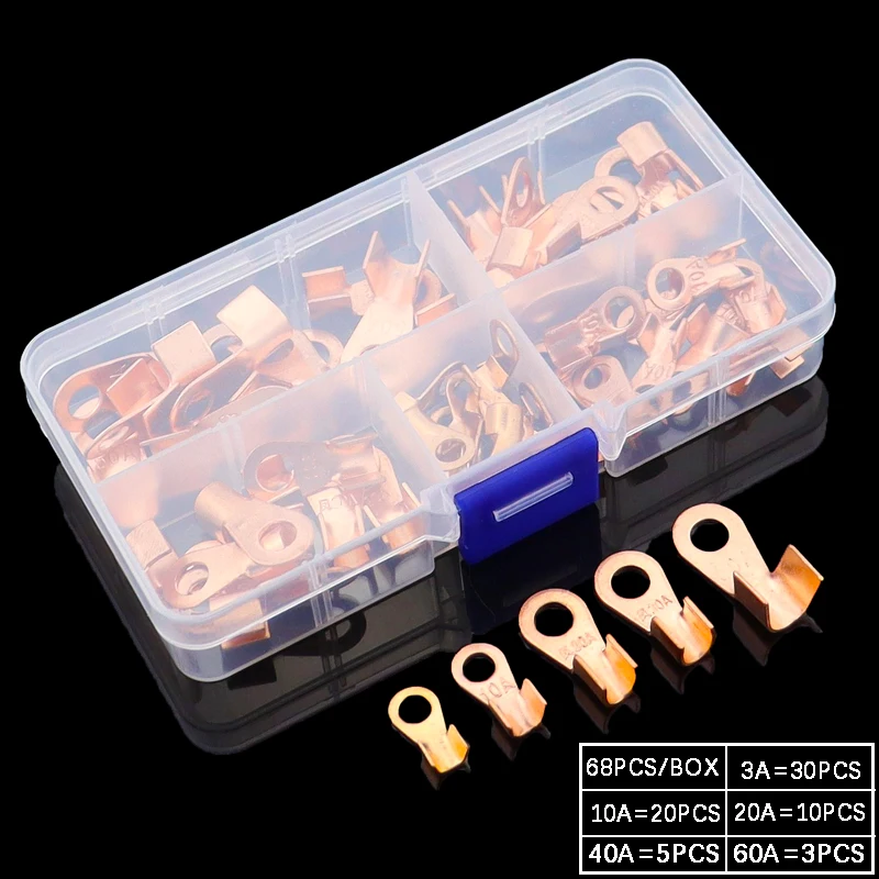 68pcs Copper Battery Cable Connector Terminal Open Lugs Wire Terminals ...