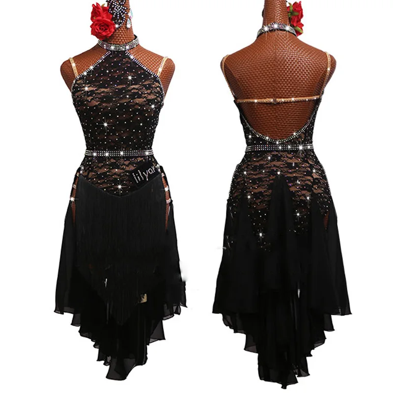 Latin Dance Dress Black Lace Tassel Shiny Rhinestones Competition ...