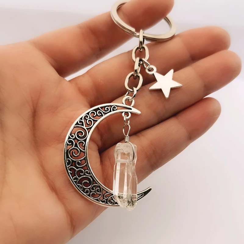 Crescent-Moon-Keychain-with-Natural-White-Quartz-Crystal-moon-and-Stars ...