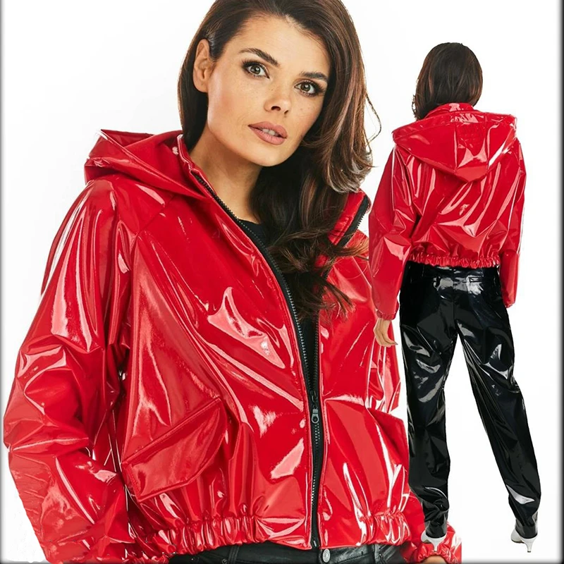 Women Pvc Patent Leather Jacket Casual Latex Sweatshirts Coat Shiny Pu ...