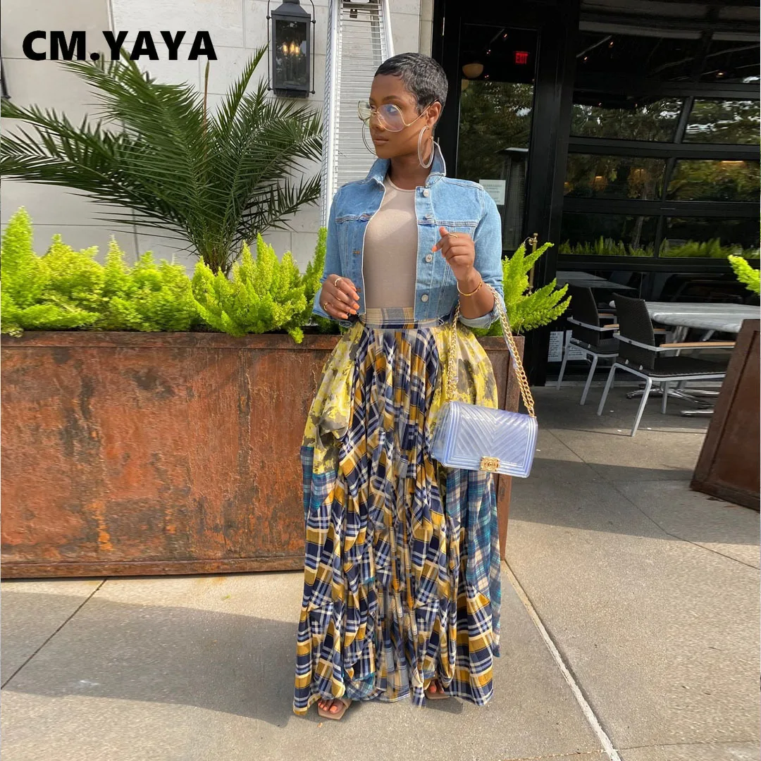 CM.YAYA-Jupes Maxi sulfpour Femme,Patchwork,Plaid Asells avec Poche,Grande Jupe Longue au Sol,At ...