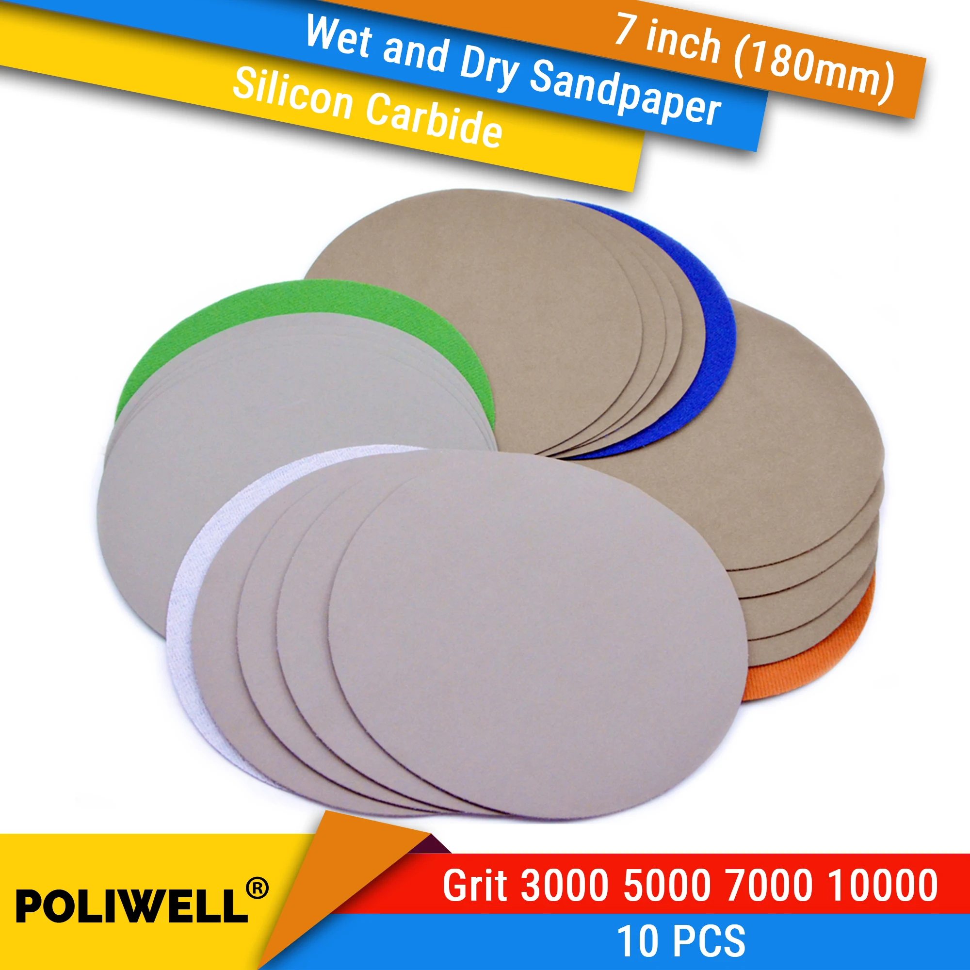 10PCS 7 Inch 180mm Silicon Carbide Wet and Dry Sanding Discs Flocking ...
