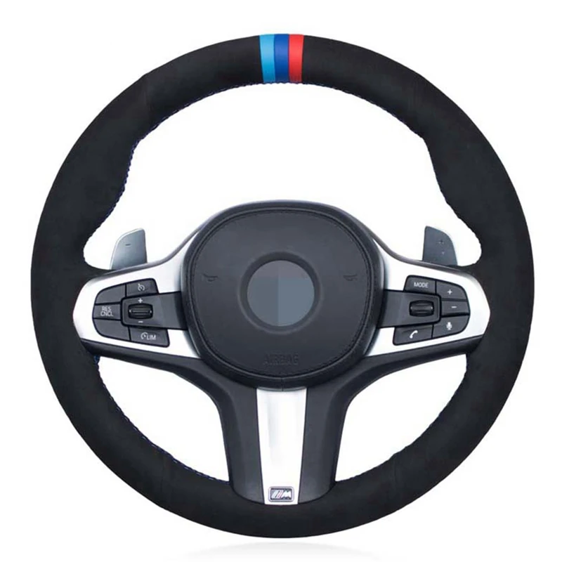 Cubierta de cuero genuino para volante de coche, protector de ante negro para BMW M Sport G30 ...
