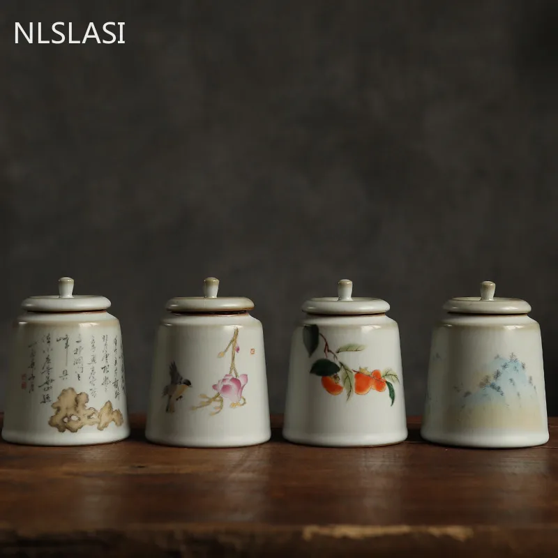 전통적인 Ru 가마 도자기 차 캐디 여행 티백 봉인 된 차 항아리 커피 용기 주방 향신료 주최자 사탕 저장 탱크차 보관용기