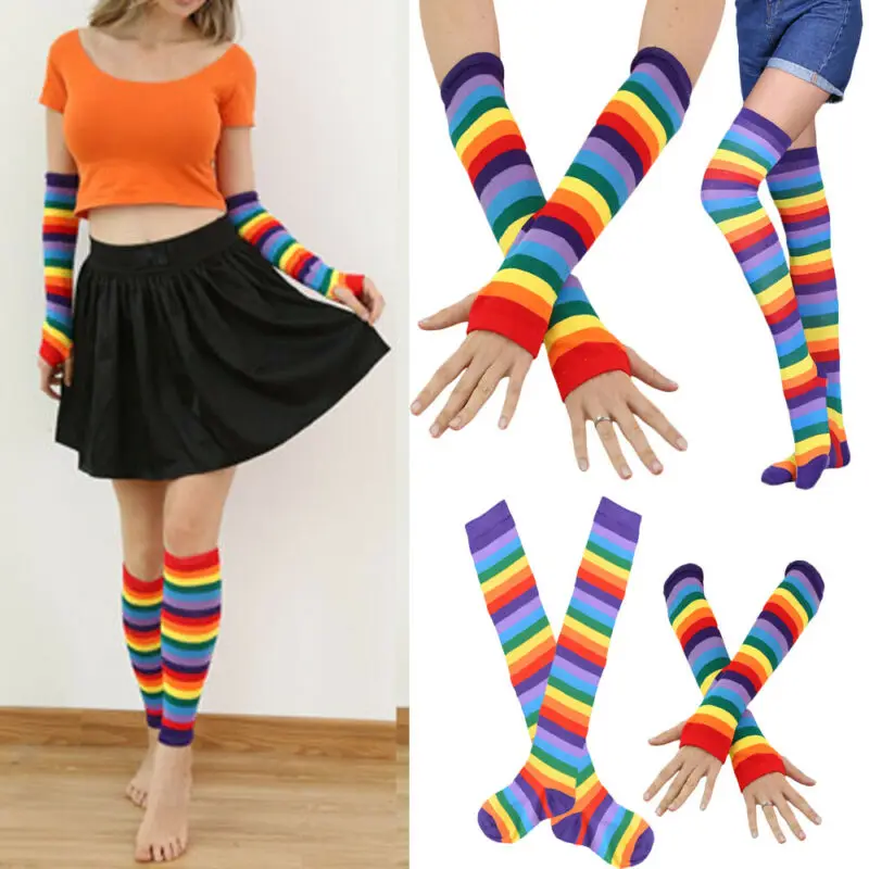 Women Socks Thigh High Striped Slim Leg Stockings Rainbow Arm Hand ...