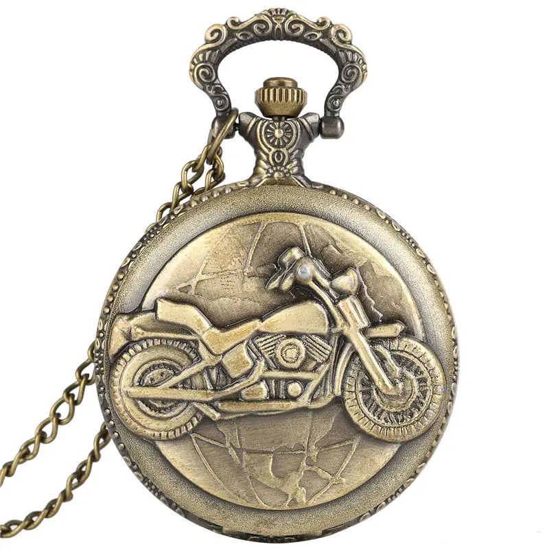3D Bronze Motorcycle Pocket Watch Men With Necklace Chain Retro Fob ...