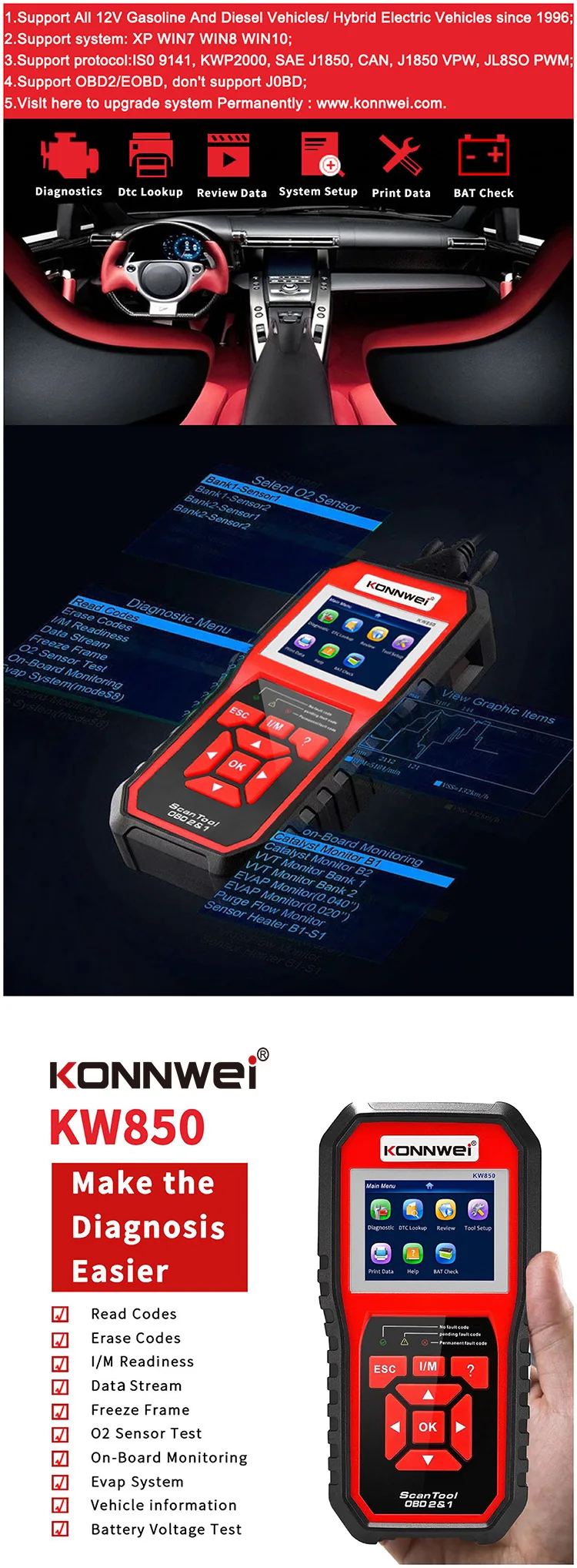 KONNWEI KW850 Car OBD2 Scanner Professional Car Diagnostic Scanner ...