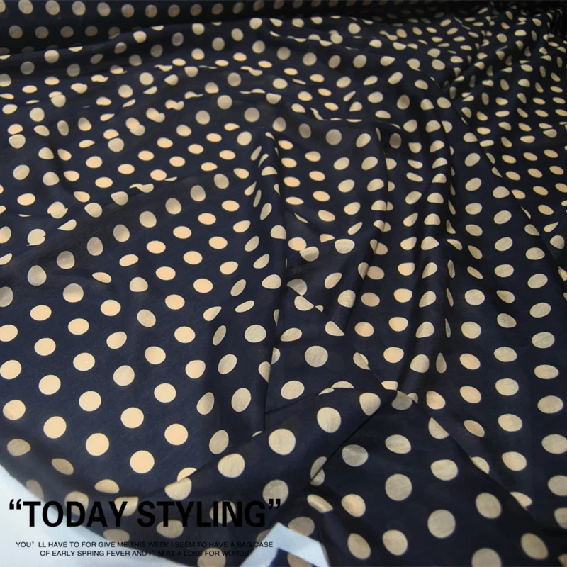 Silk-Cotton-Fabric-Dress-Dark-Blue-Dotted-Polka-Dot-Dotted-Large-Wide ...