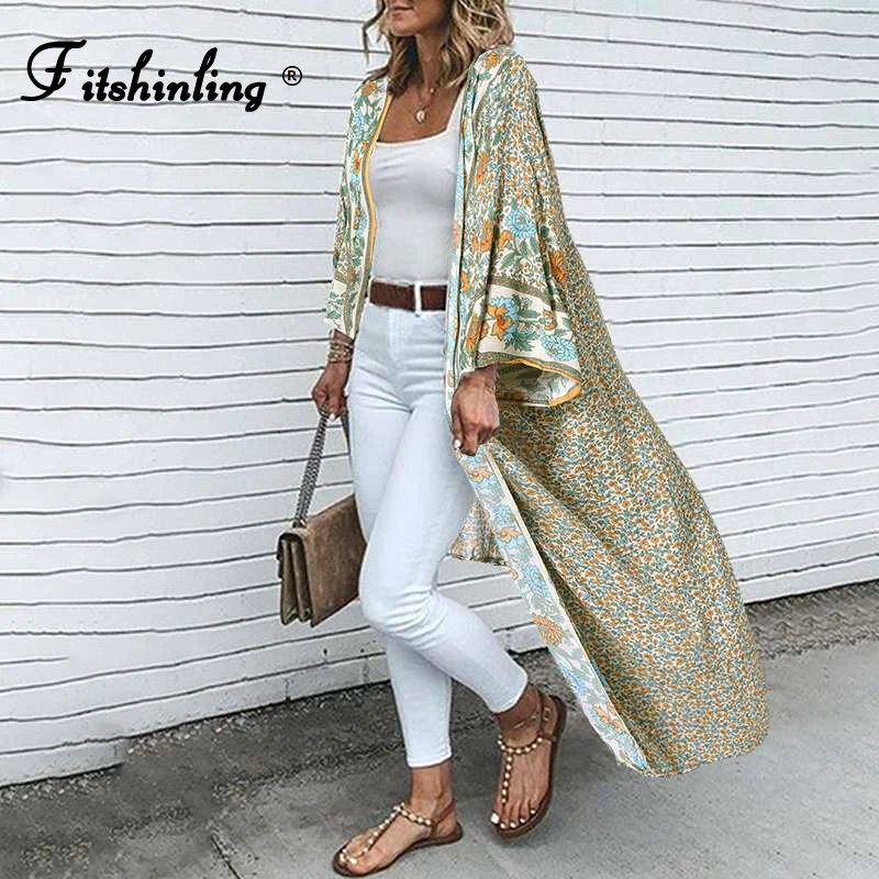 Fitshinling Cotton Print Beach Kimono Cover Up With Sashes Bohemian ...
