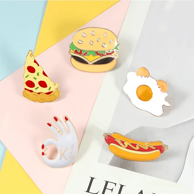 Cute Food Brooch Enamel Pins French Fries Egg Burgers Pizza Icon Badge ...
