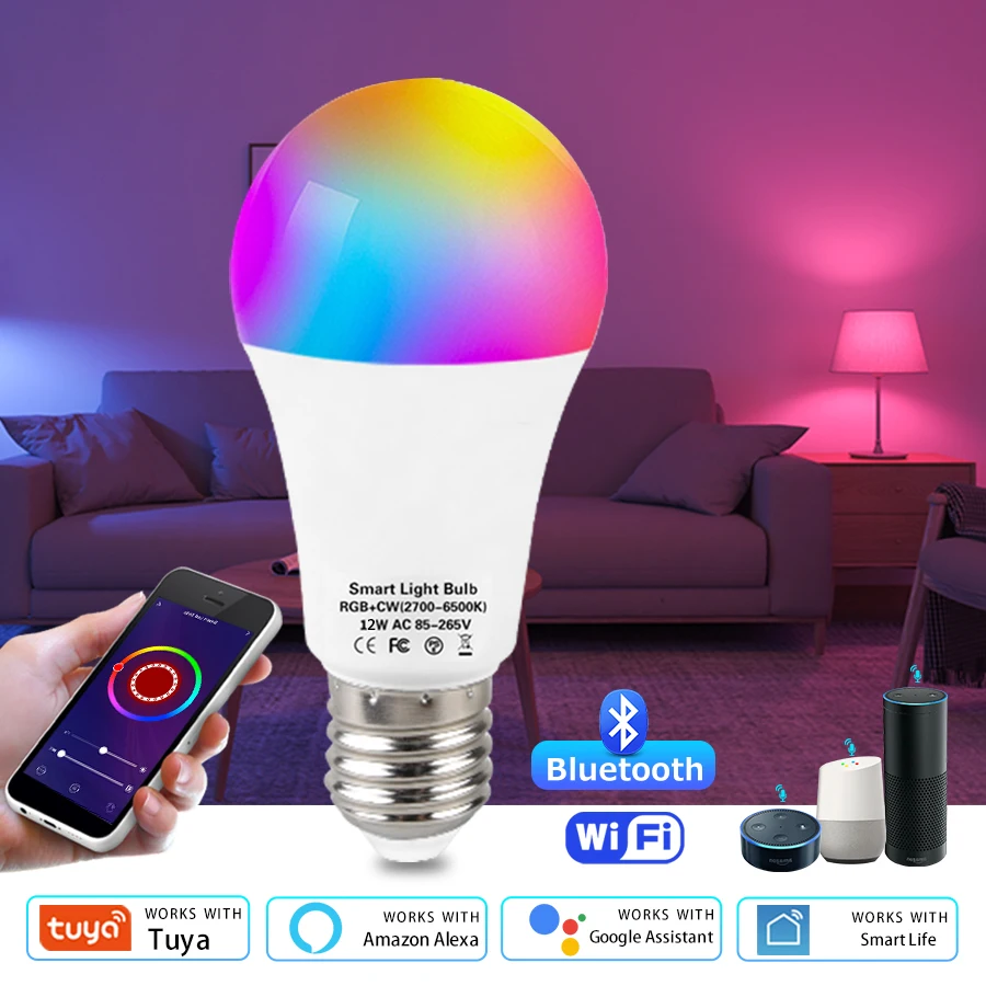 Bombilla inteligente E27 con Bluetooth y WiFi, lámpara LED RGB CW regulable de 12W, Control por ...
