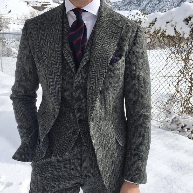 Gray Wool Tweed Men Suits For Winter Wedding Formal Groom Tuxedo 3 ...