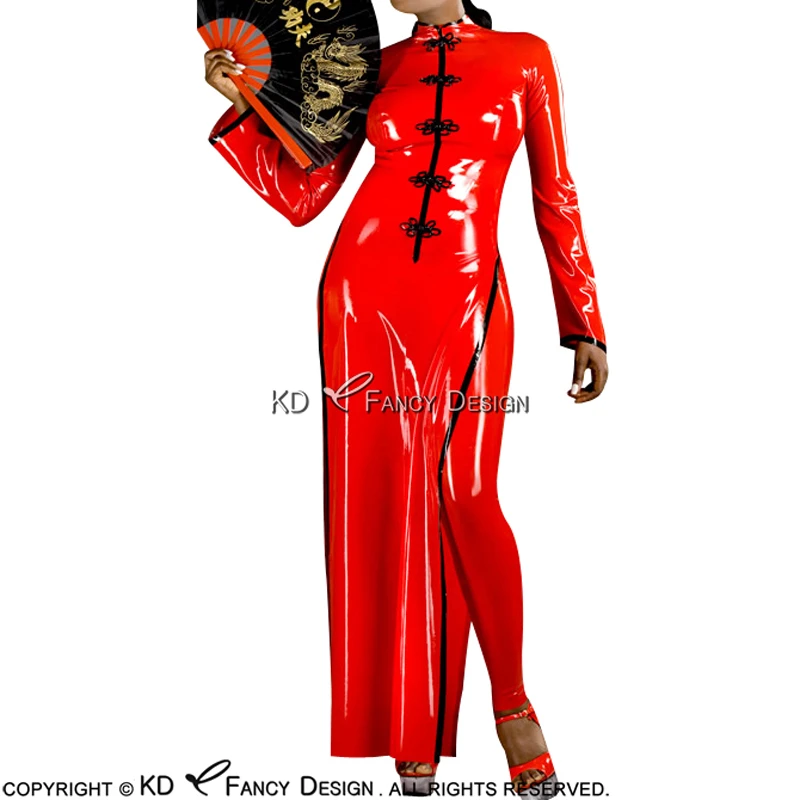 Red With Black Trims Sexy Latex Aodai Ao Dai Rubber Cheongsam QIBAO ...