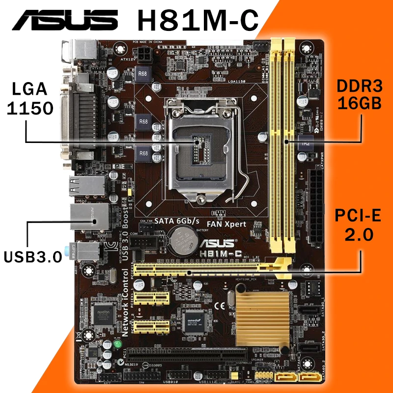 LGA 1150 ASUS H81M C 마더보드 코어 i7, i5, i3, 16GB USB3.0 DVI VGA 오버락 16GB 데스크탑 인텔 H81, 1150 mATX|마더 ...