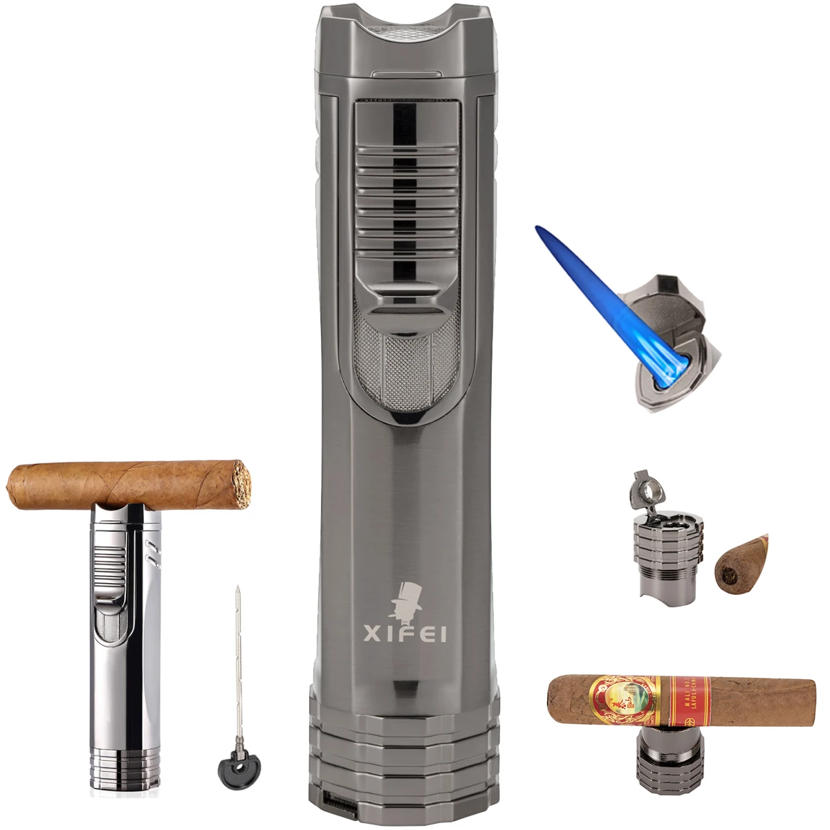 Xifei Windproof Cigar Lighter With Puncher Holder Needle Metal Portable ...