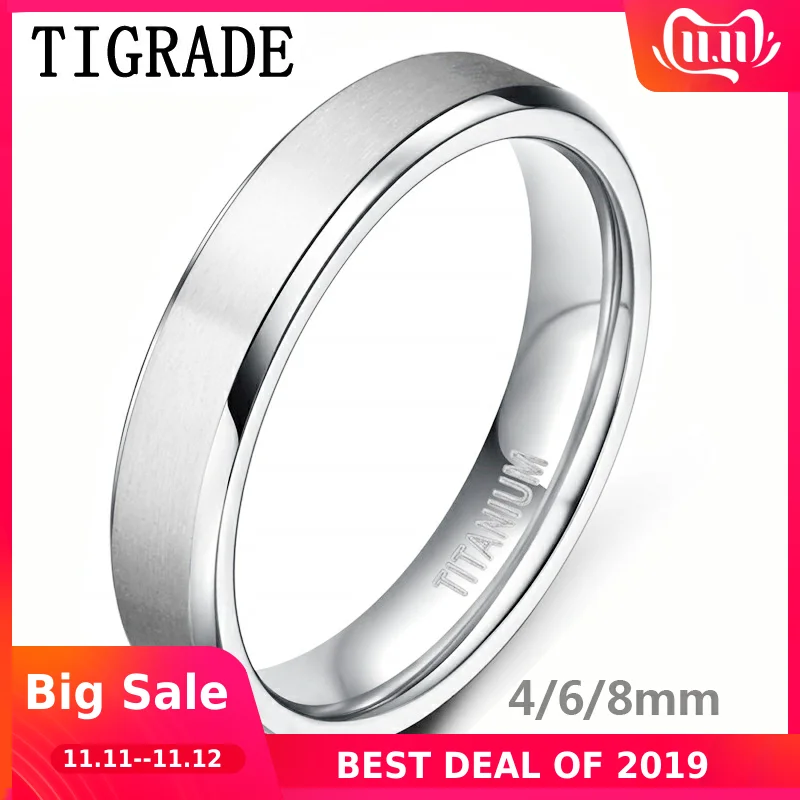 TIGRADE 4/6/8mm Brushed Titanium Ring Men Silver Male Female Wedding ...