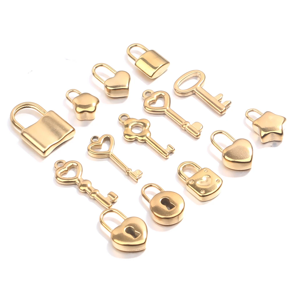 5pcs/lot Stainless Steel Gold Lock Key Charms Couple Love Pendants For ...