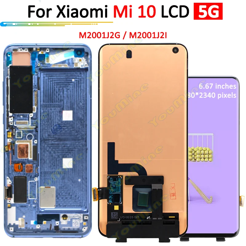 Super amoled para xiaomi mi 10 5g display lcd digitador da tela de toque com quadro m2001j2g ...