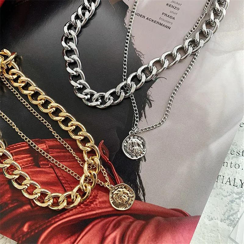Retro Portrait Exaggerated Thick Chain Necklace Double Layer Cool Chain ...