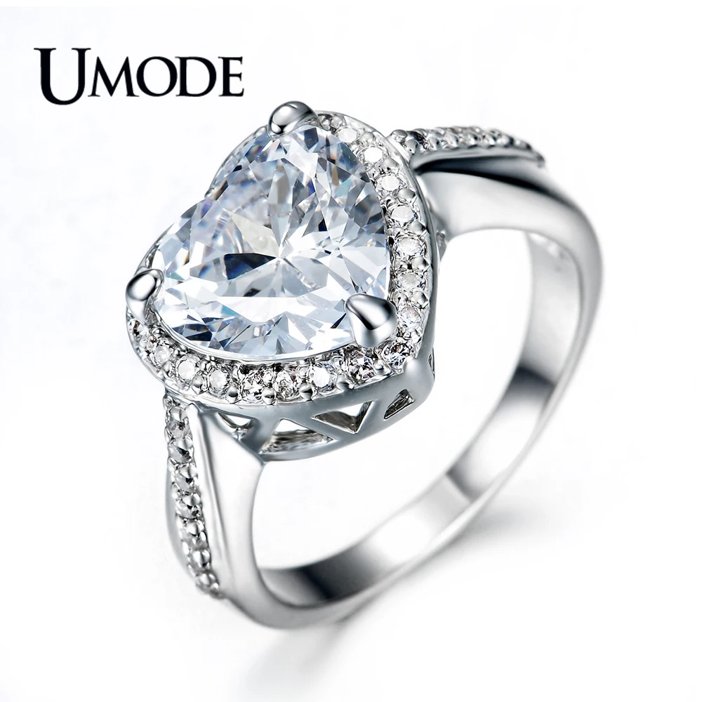 UMODE 화이트 골드 컬러 4ct 심장 모양의 AAA 큐빅 지르코니아 헤일로 약혼 반지, 여성 웨딩 주얼리 AUR0223 ...
