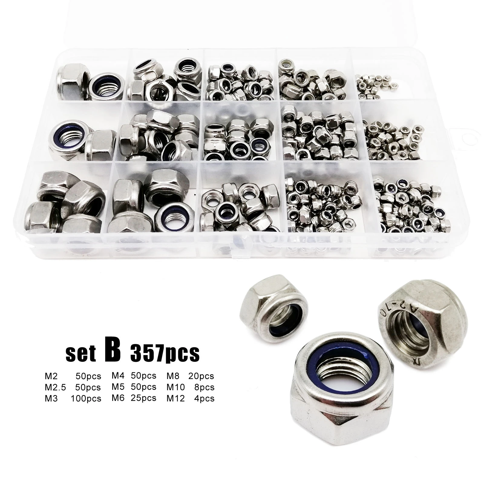 162/357pcs M2 To M12 Din985 304 Stainless Steel Hexagon Nylon Insert Lock Nut Assortment Kit Hex ...