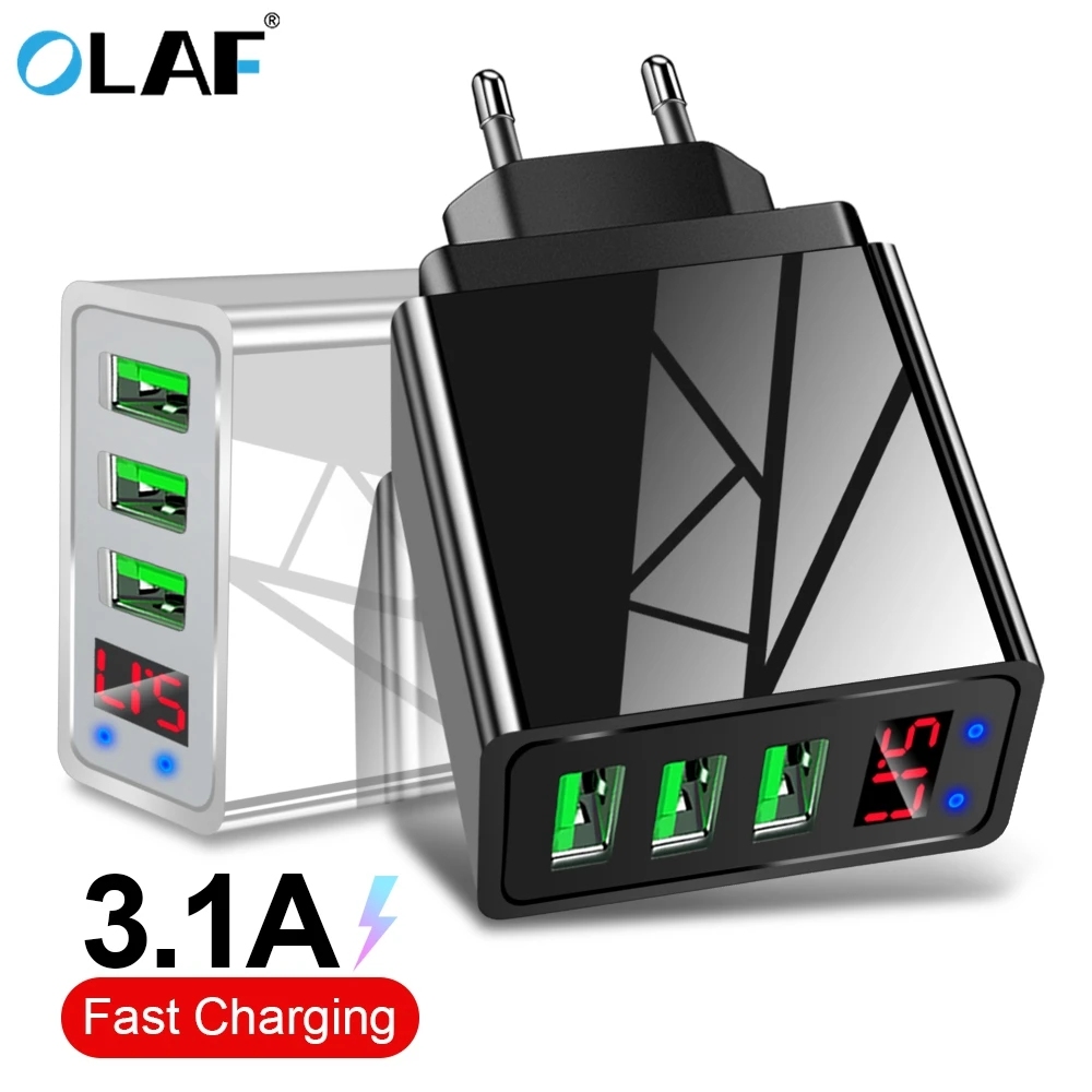 Cargador USB de 3 puertos para teléfono móvil, dispositivo de carga rápida de pared con pantalla ...