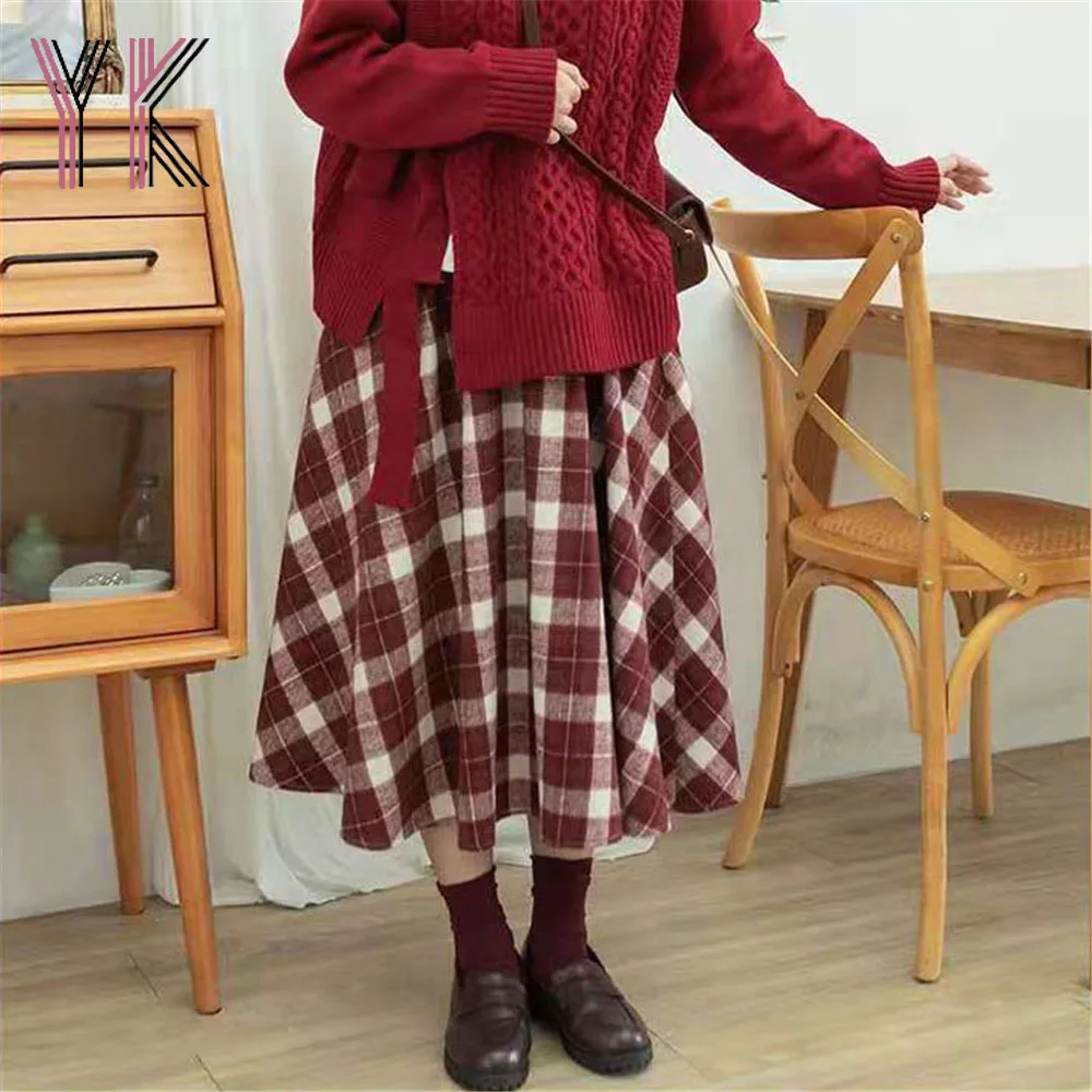 Faldas plisadas de tela de lana a cuadros para niña, faldas Midi de cintura alta con banda ...