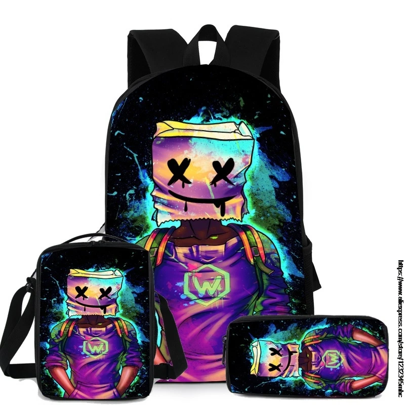 3PCS Backpack Pencil Case Shoulder DJ Marshmello School Bag High ...