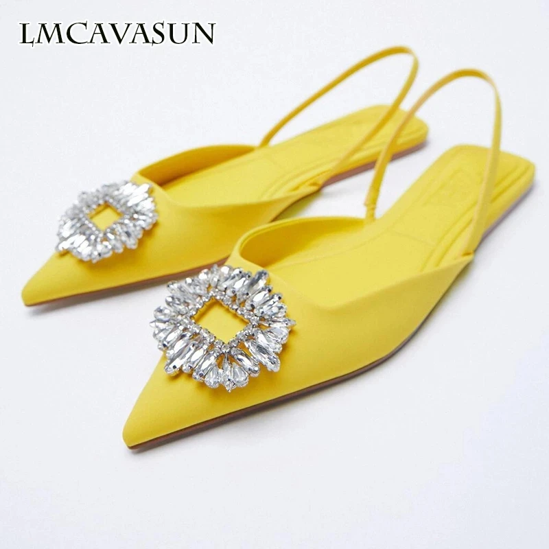 Women's Shoes 2021 Summer New Yellow Rhinestone Buckle Slingbacks Shoes ...
