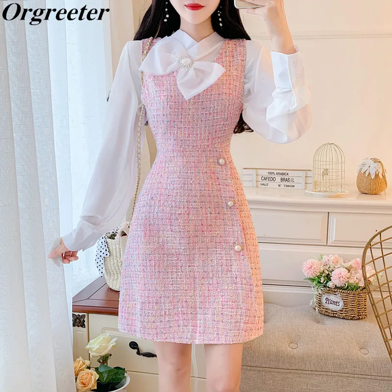 Sweet Pink Tweed Dress 2 Piece Set Female Diamonds Bow White Shirt ...