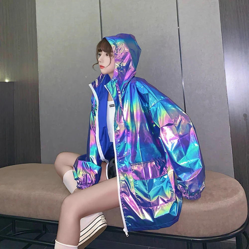 Jaqueta com capuz holográfica feminina, cor laser, manga longa, grande, high street, casaco fino ...