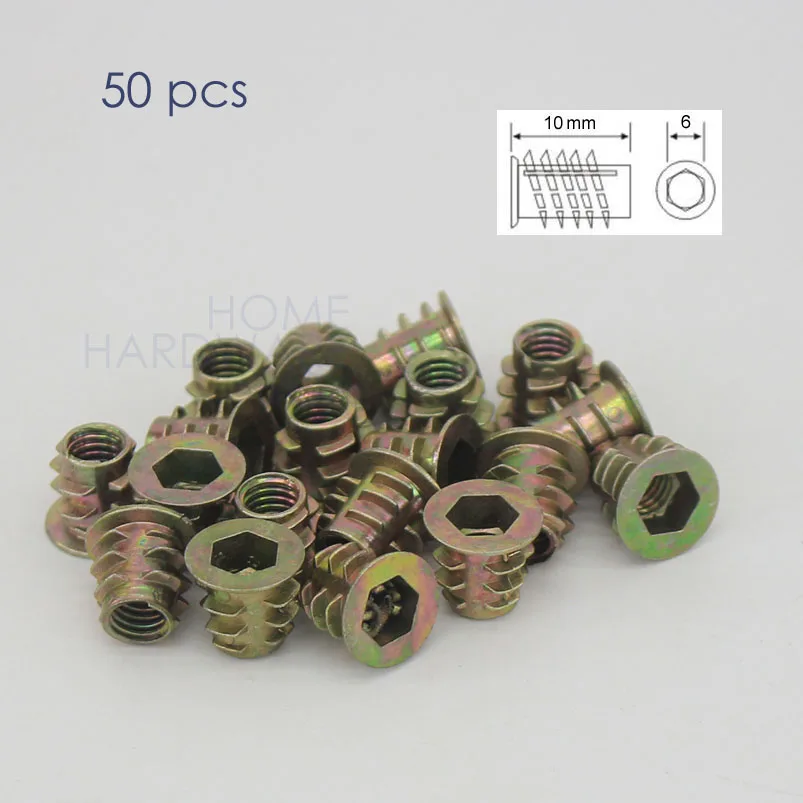 50 pc threaded nut M6x10mm wood insert hex head thead size 6mm|threaded ...