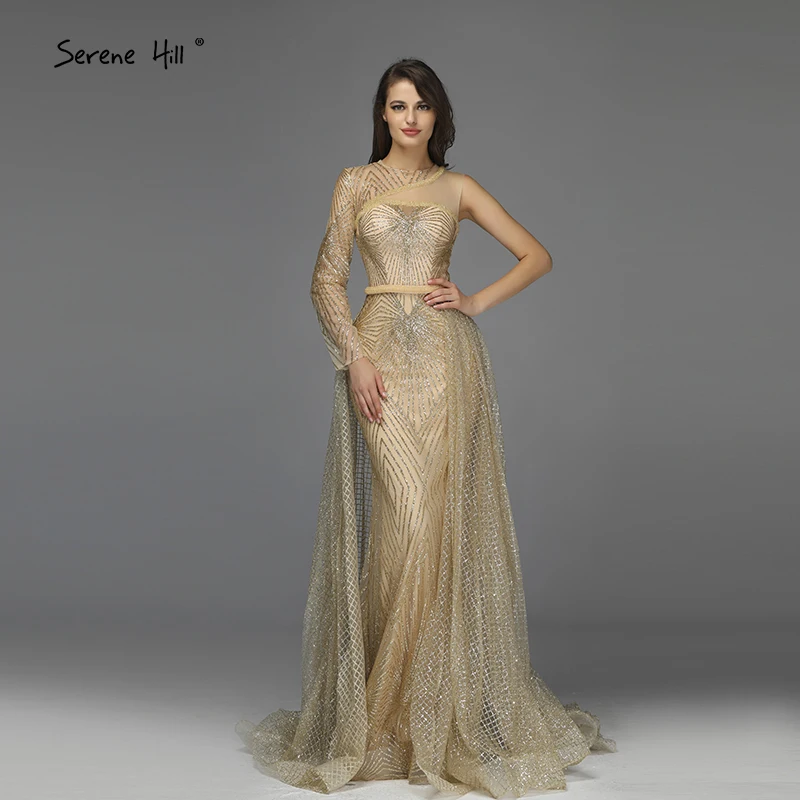 Dubai Luxury Gold One Shoulder Evening Dresses 2019 Mermaid Sexy ...