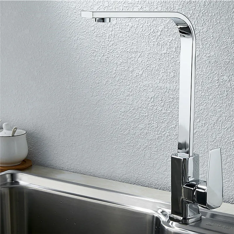 Stainless Steel Kitchen Faucet Single Square Flat Tube Hole Hot and Co ...