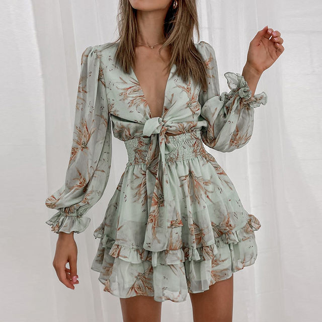 2021 Best Seller Aesthetic Ruffles Dress Chiffon Print JKP4504