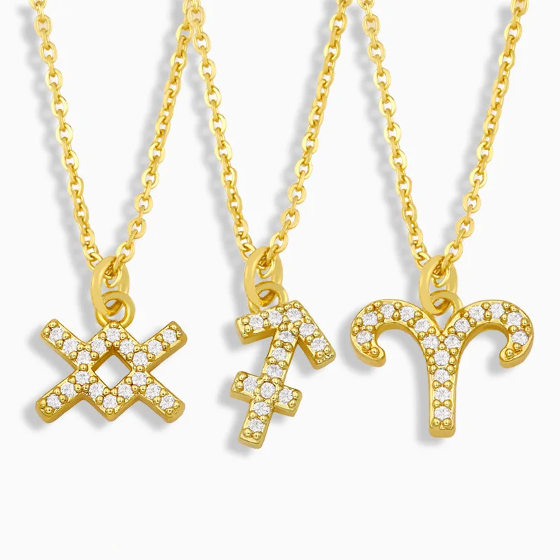 2021 12 Zodiac Signs Necklace Gold Plated Micro Pave Zircon Lucky ...