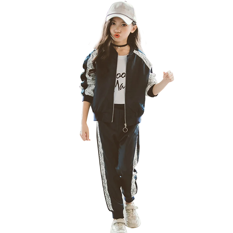 Girls Sport Clothes Lace Striped Clothing For Girls Jacket + Pants Kids ...