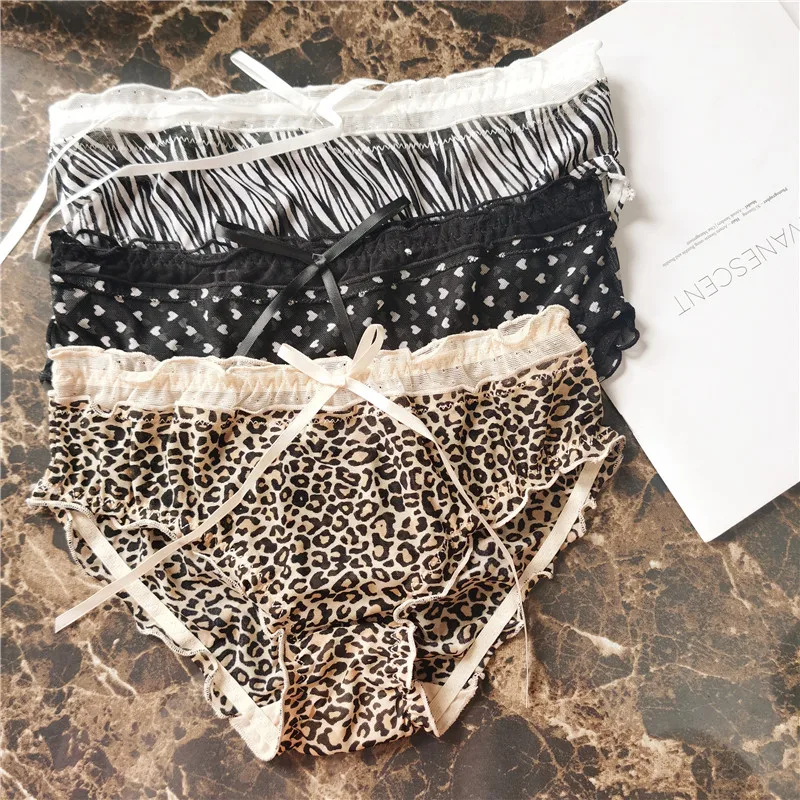 2021 Women's Cotton Underwear Sexy Leopard Print Panties Low Waist Bow ...