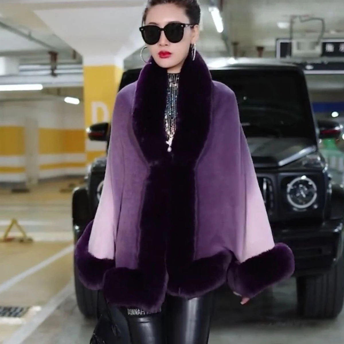 Novelty Gradient Dyeing Faux Rex Rabbit Fur Cape Shawl Big Knit Acrylic ...