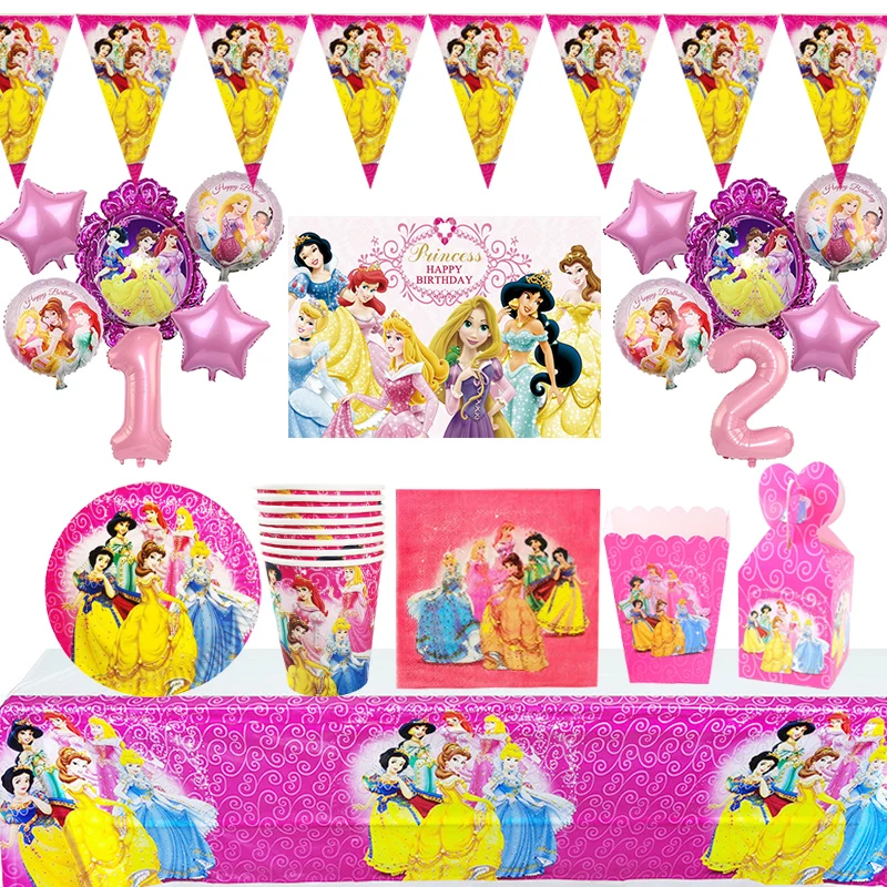 Juego de decoración de fiesta de cumpleaños de Princesas Disney para niñas, suministros de ...