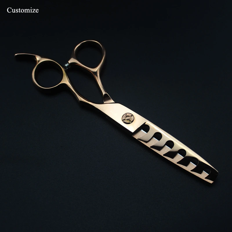 Customize Logo Japan Steel 6 Inch Rose Gold 6 Teeth Cut Hair Scissors Haircut Barber Makas ...