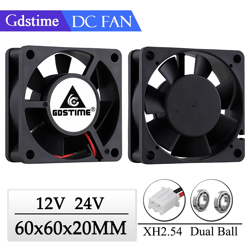 2 Pcs Gdstime 60x60x20mm 6020 12v 24v Dual Ball 3d Printer Cooler Fan 60mmx20mm Brushless ...