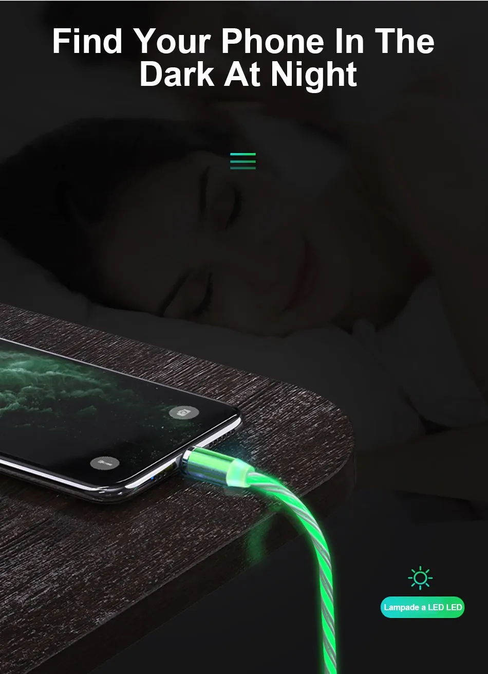 Câble téléphone,câble magnétique LED USB type-c-Micro-USB-8 broches,cordon de chargeur lumineux ...
