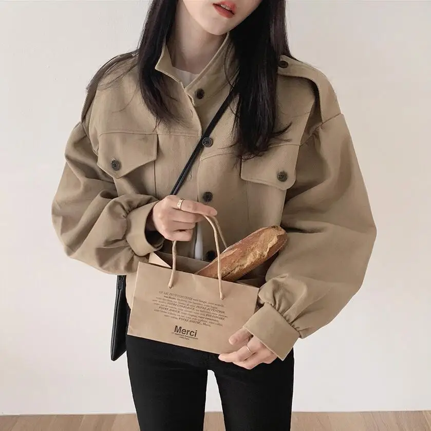 여성용 단색 긴 소매 짧은 코트 소녀 외투 가을 한국 패션 포켓 탑 코트 버튼 크롭 재킷 스트리트웨어베이식 쟈켓