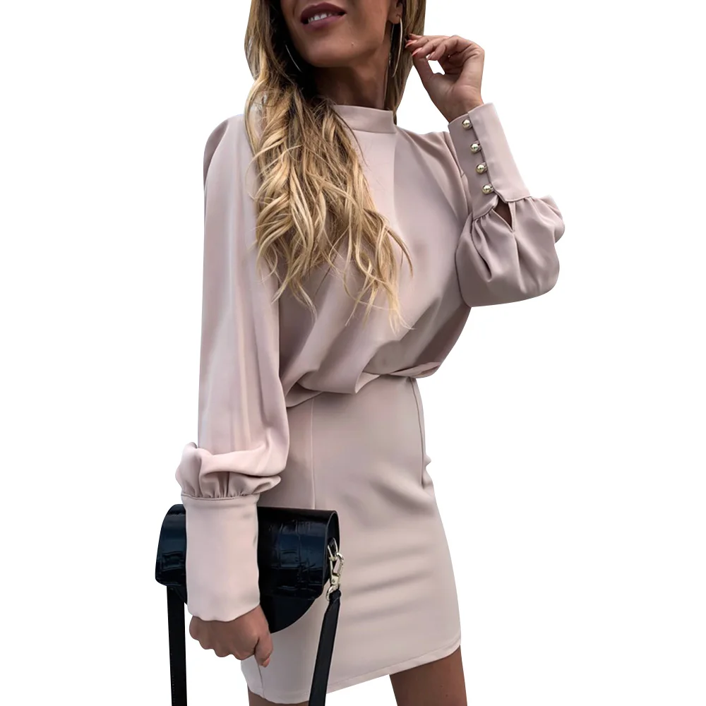 Тонкое элегантное офисное платье с открытой спиной и рукавом-фонариком, сексуальное платье для ...